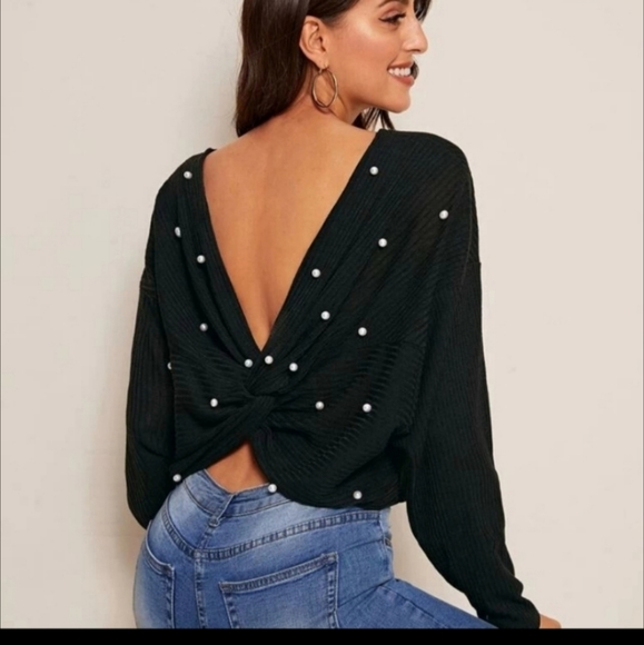 SHEIN | Tops | Sexy Black Low Back Sweater Pearl Accents | Poshmark
